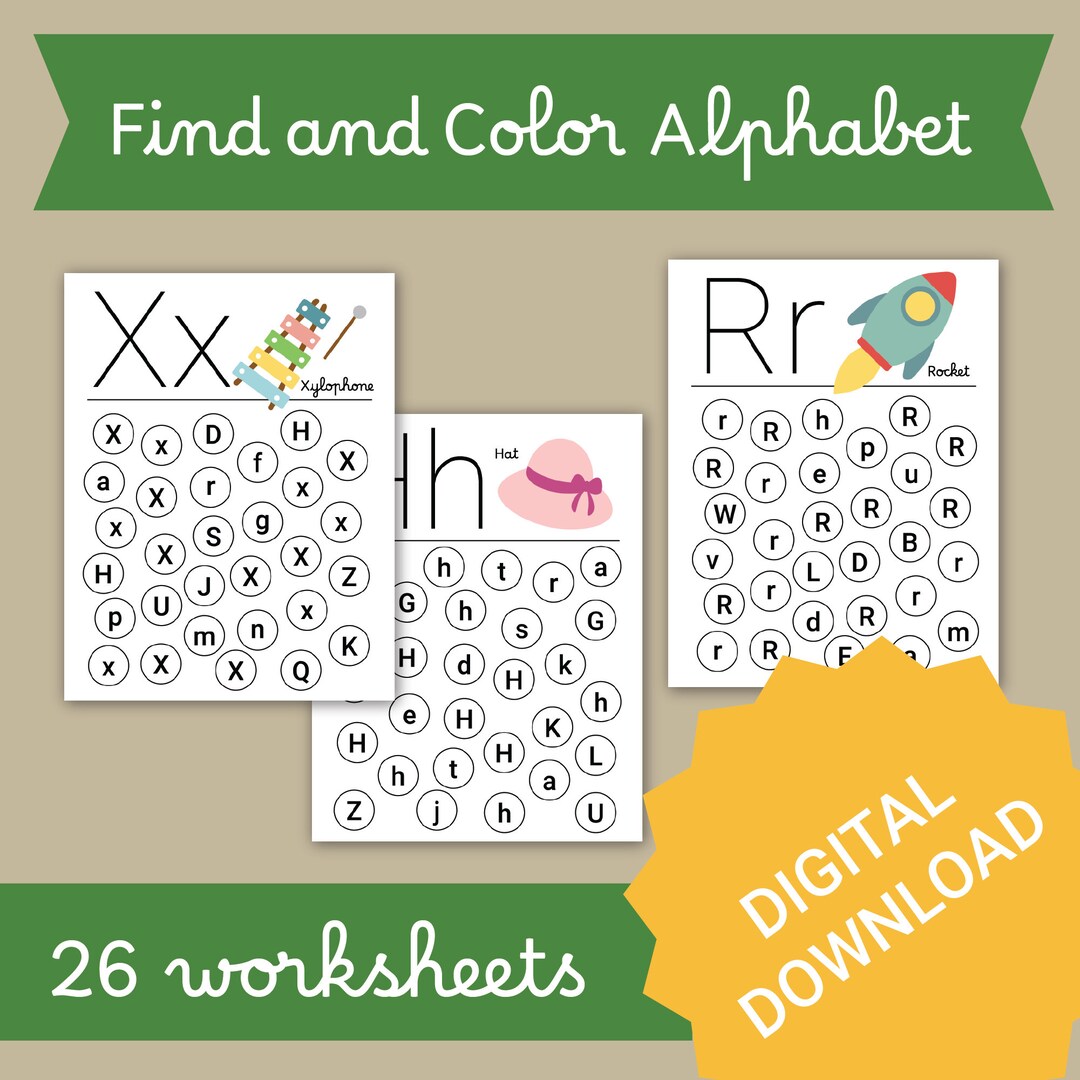 Find and Color Letters Kids Worksheets, Alphabet Homeschooling Workbook ...