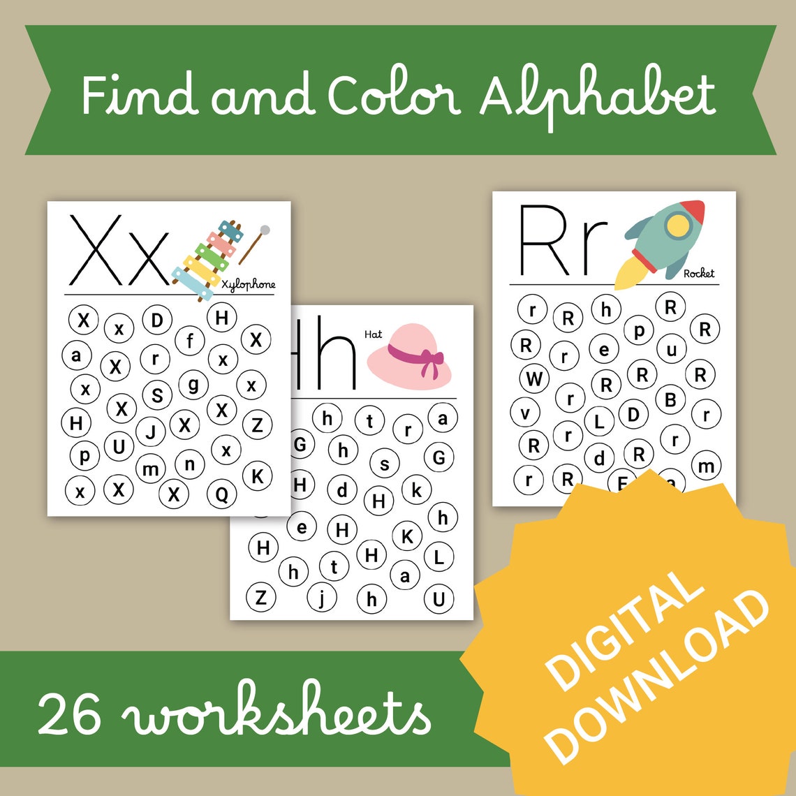Find and Color Letters Kids Worksheets, Alphabet Homeschooling Workbook ...
