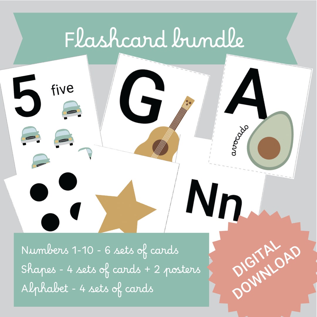 Flashcard Bundle Numbers, Shapes, Alphabet, Black and White Minimalist ...