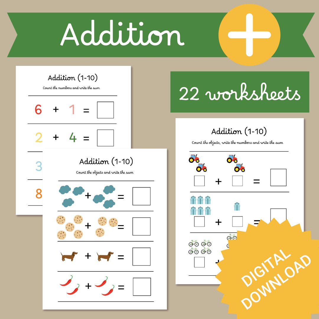 Addition Worksheets for Kids: Early Math Exercises (PDF Download) - Etsy