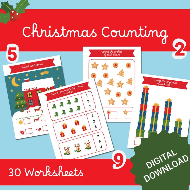Christmas Counting Worksheets for Kids, Numbers 1-10 Printable, Holiday ...
