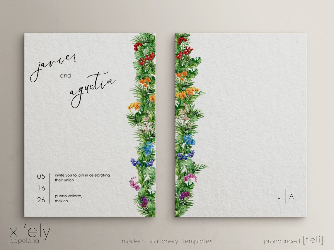Lgbtq Tropical Floral Wedding Invitation Template Bundle Invite, Rsvp ...