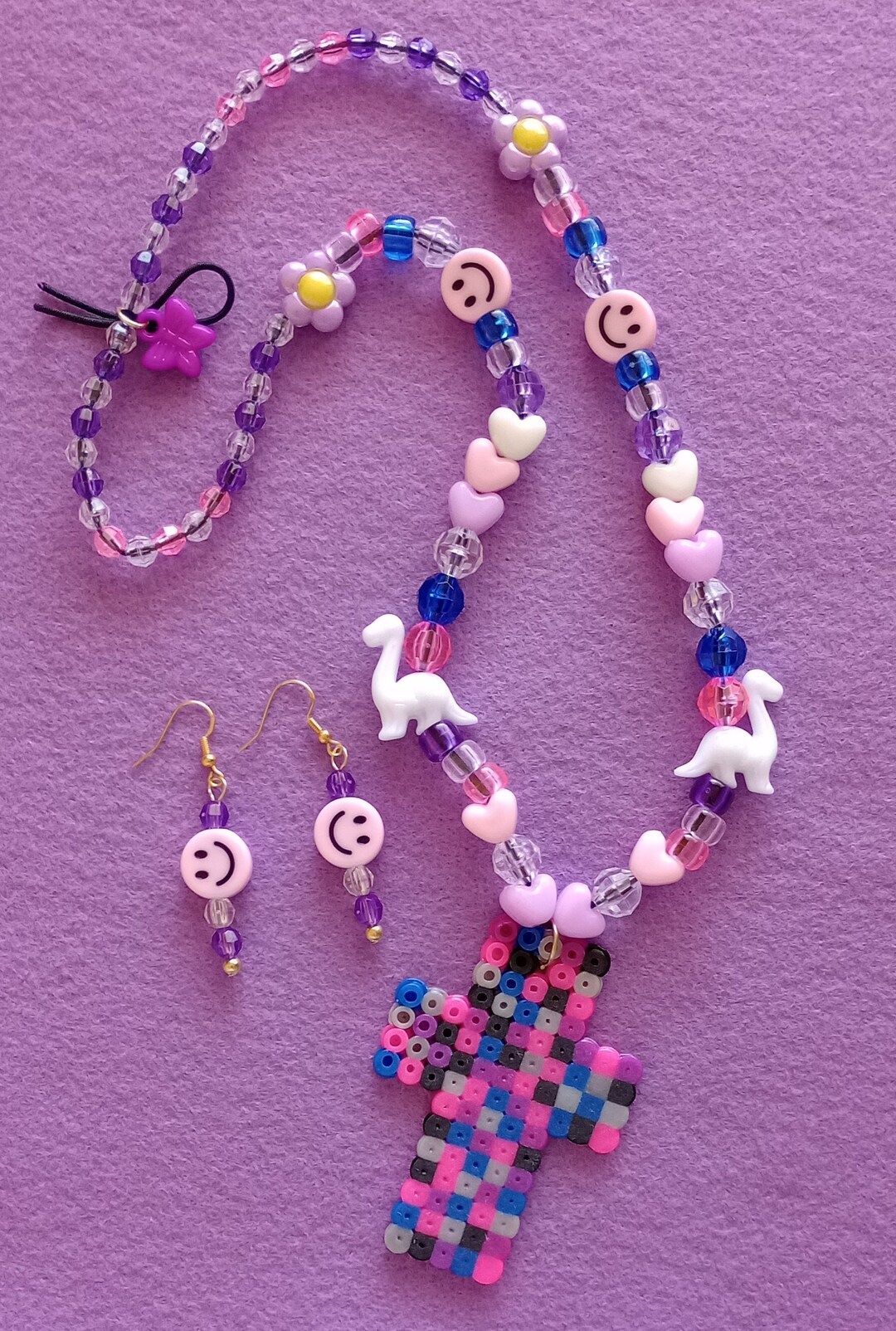 Pink and Purple Perler Bead Cross Necklace With Matching Happy Face ...