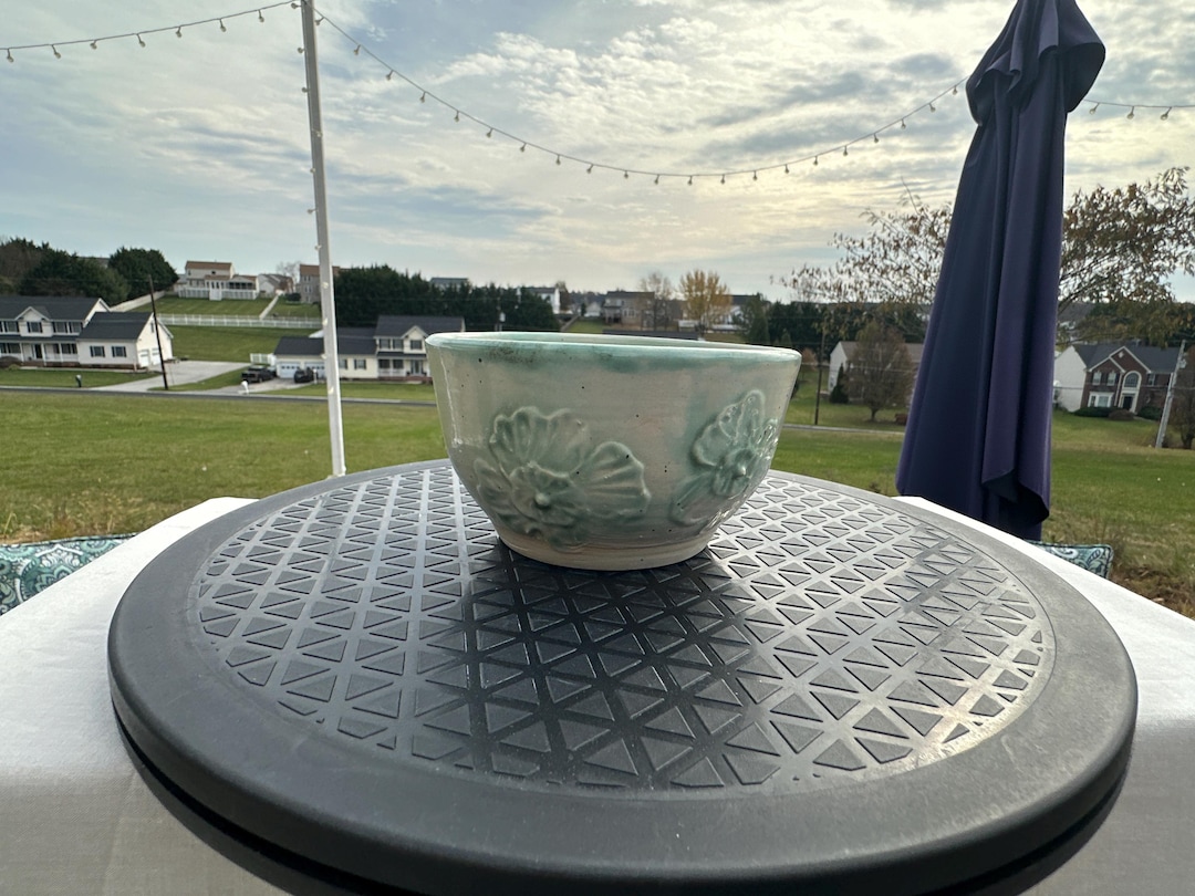 Green/white Handmade Ceramic Bowl With Flower Relief Design - Etsy