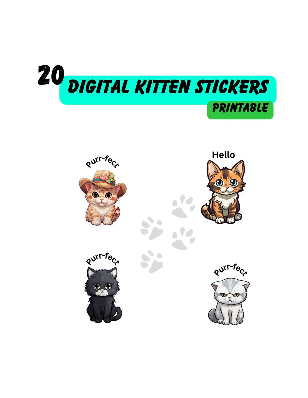 20 Digital Printable Kitten Stickers - Etsy