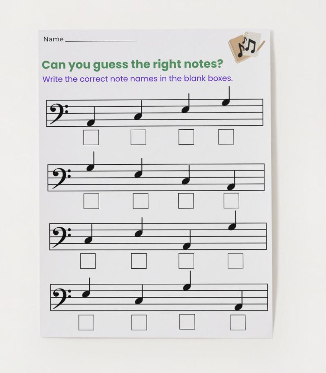 Music Note Worksheet for Bass Clef Space and Line Notes- Digital ...