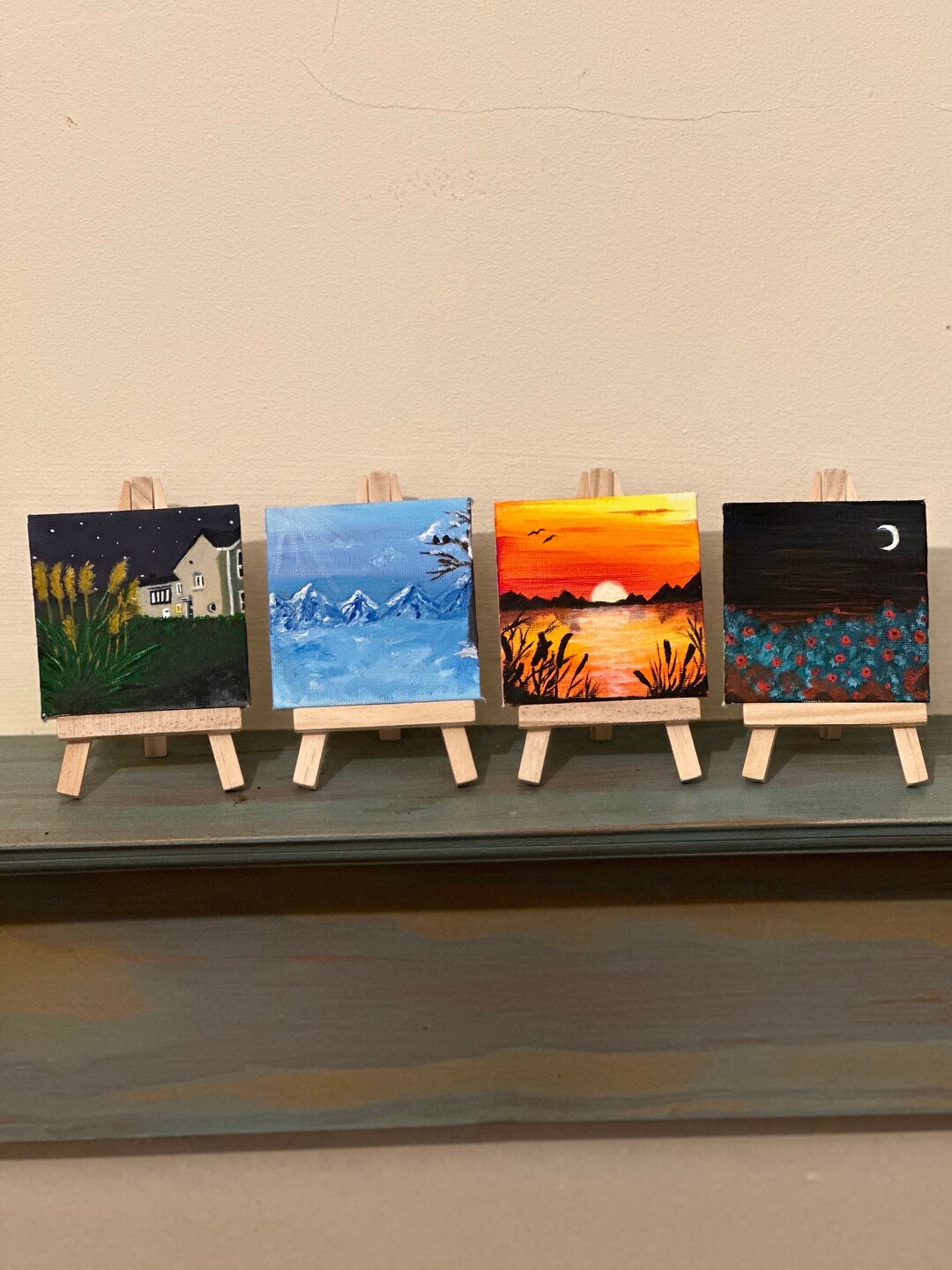 Set of 4 Handmade Miniature Canvas Artworks, 8x8cm, Night Scene ...