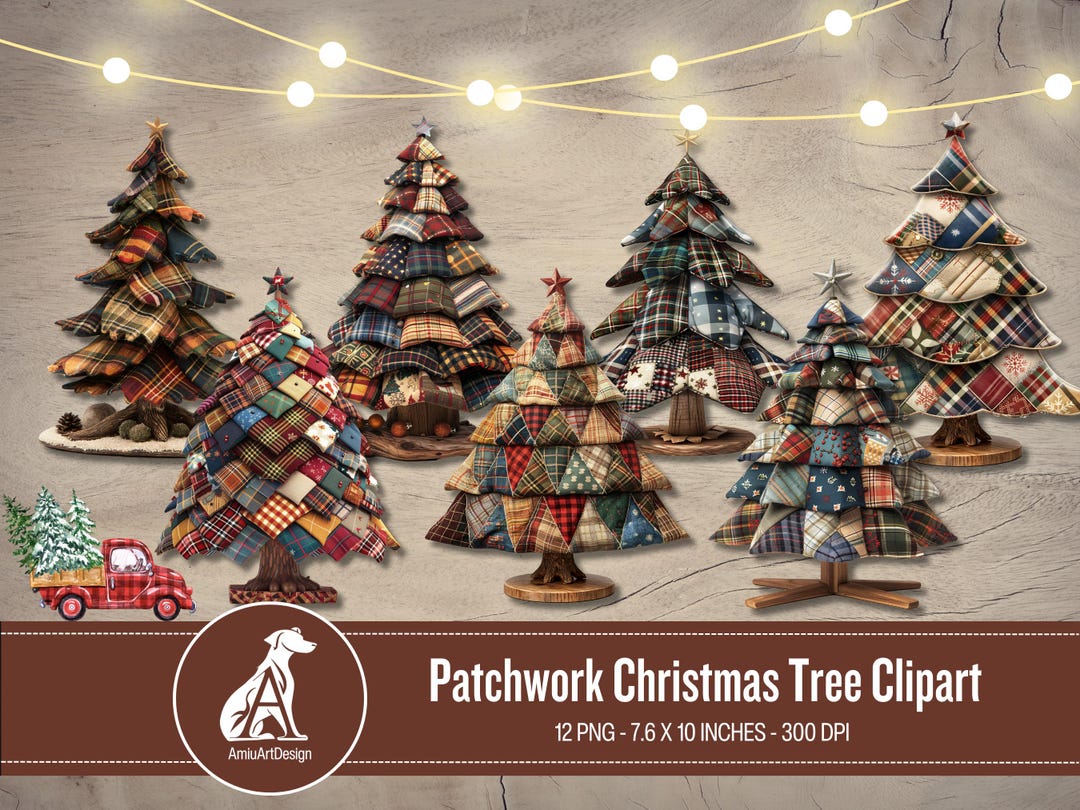 Patchwork Christmas Trees Clipart, PNG Digital Downloads, Shabby Chic ...