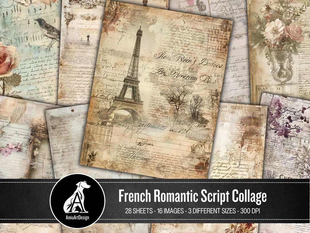 French Romantic Script Collage Printable Junk Journal Pages, Vintage ...