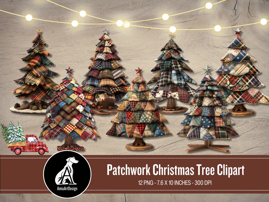 Patchwork Christmas Trees Clipart, PNG Digital Downloads, Shabby Chic ...