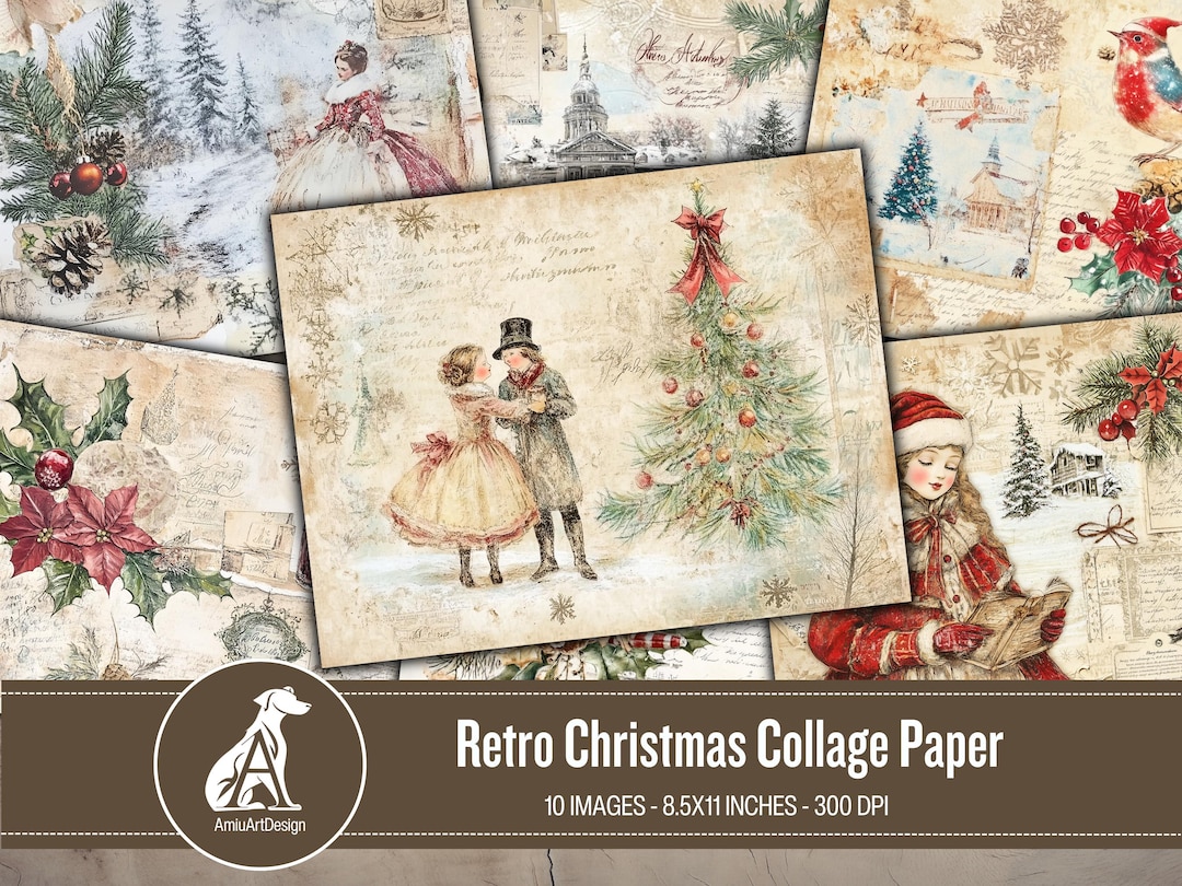 Retro Christmas Collage Paper | Vintage Christmas Mixed Media Junk ...