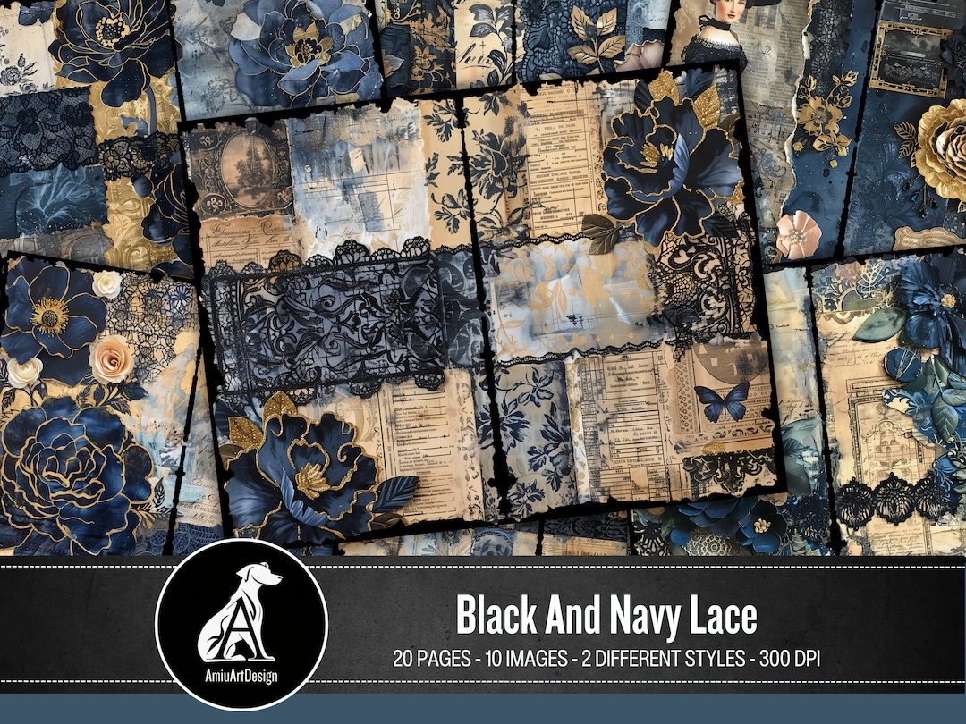 Full Page Antique French Black and Navy Blue Lace Digital Paper, Damask ...