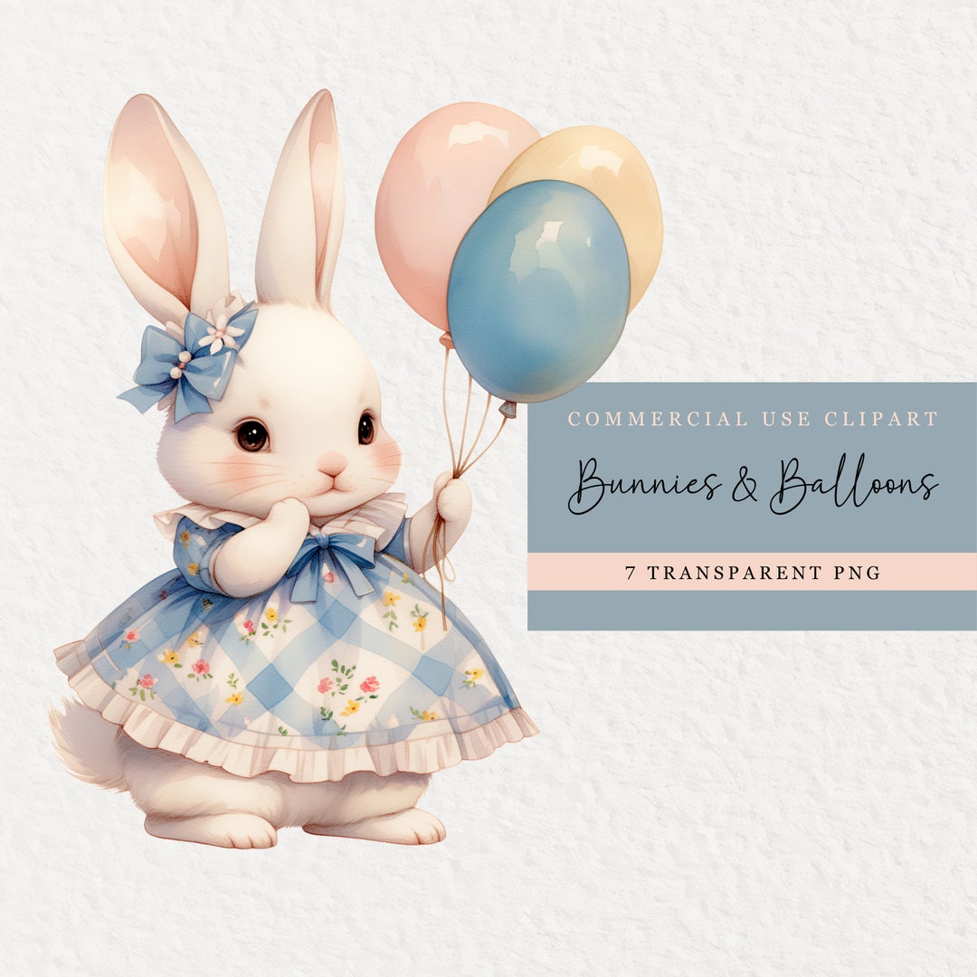 Bunnies and Balloons Clipart, Watercolor Bunnies Clip Art, Baby Shower ...
