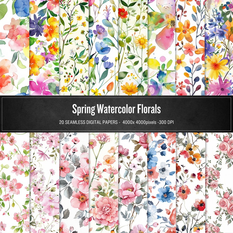 20 Watercolor Spring Floral Printable Papers, Seamless Pattern, Instant ...