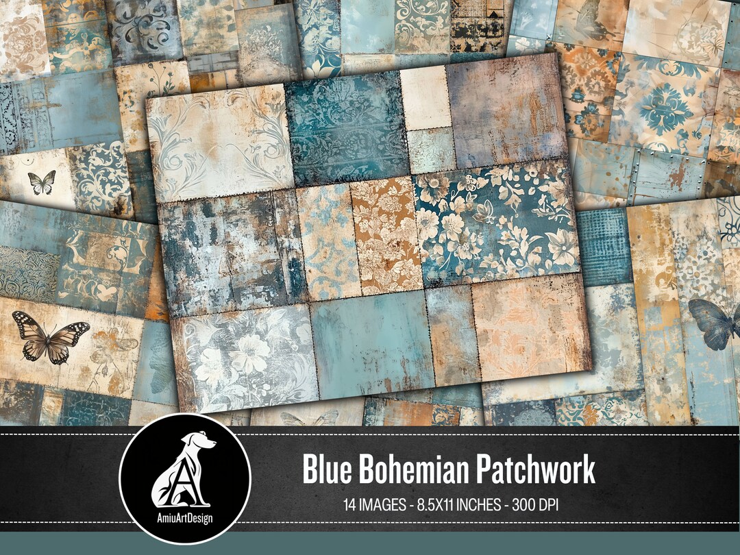 Blue Boho Patchwork Digital Paper: Distressed Scrapbook Backgrounds ...