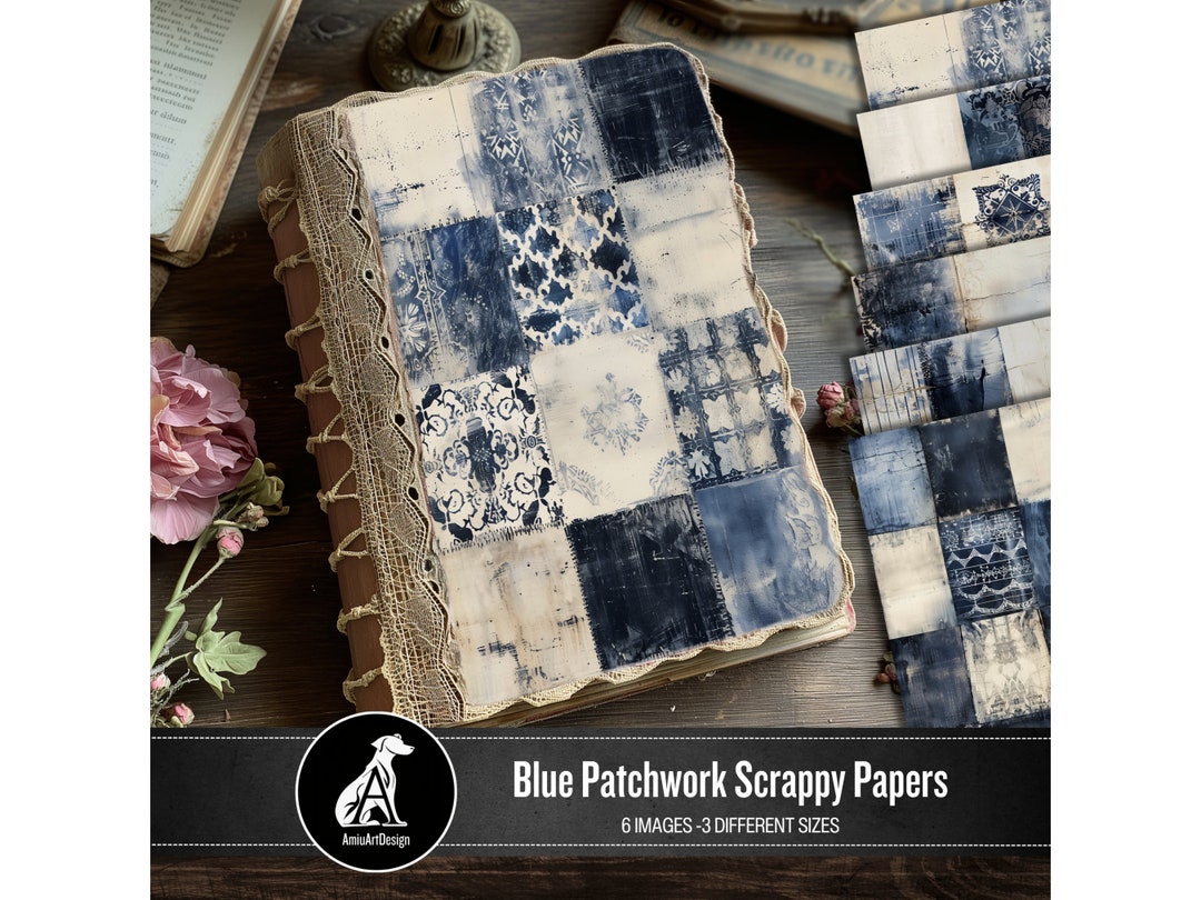 Blue Distressed Patchwork Scrappy Papers, Printable Digital Junk ...