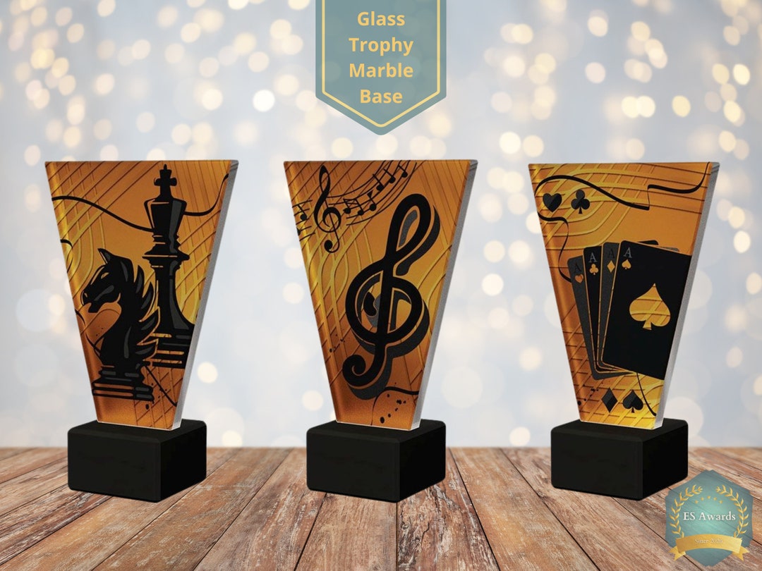020 Glass Trophy Marble Base Chess, Music, Cards, Poker Trophy Award ...