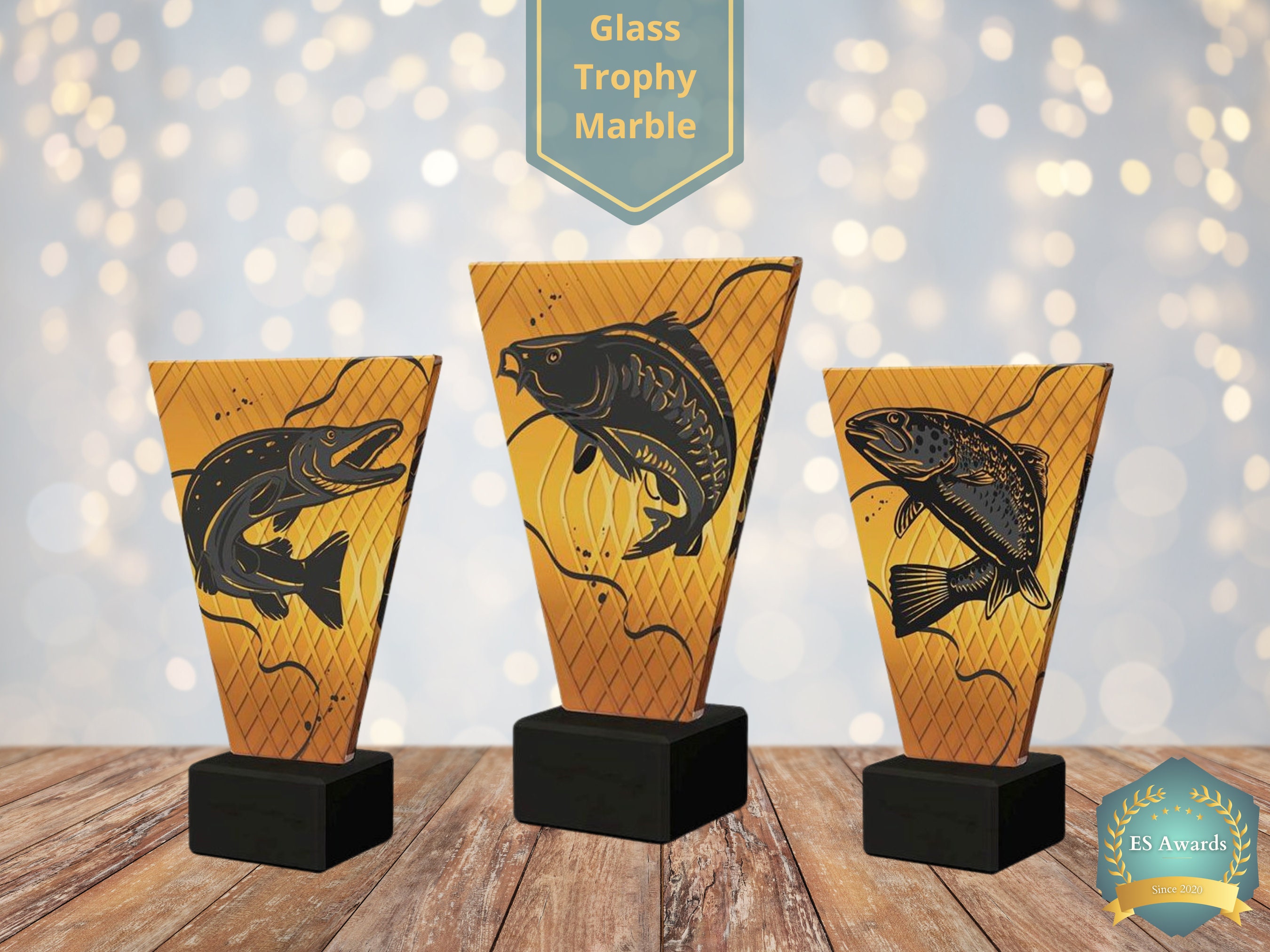 009 Glass Trophy Marble Base Fishing Pike, Trout, Carp - Trophy Award ...