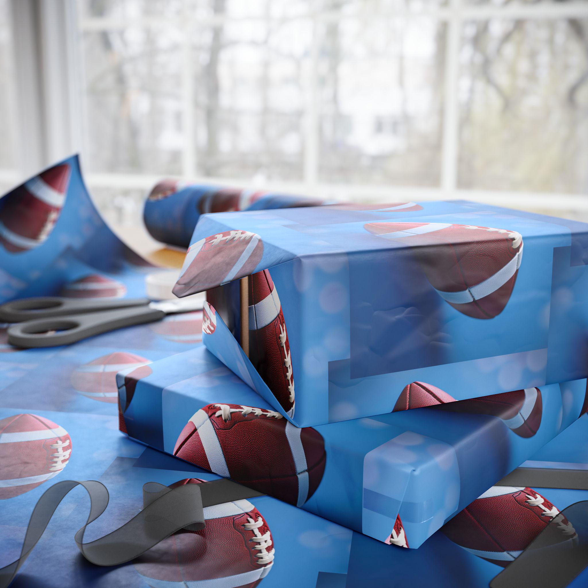 Football Themed Wrapping Paper, Blue Background Gift Wrap, Sports Fan ...