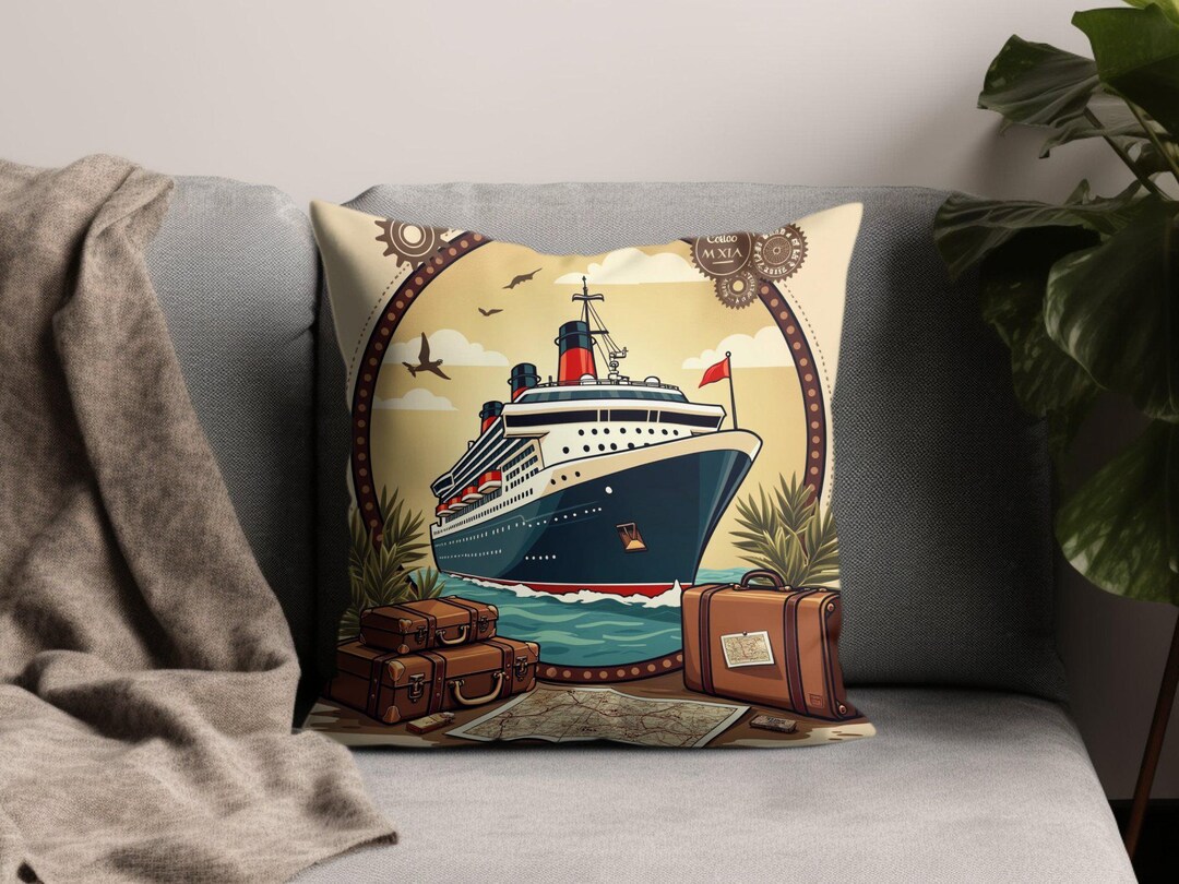 Vintage Cruise Ship Pillow, Nautical Home Decor, Retro Travel Theme ...