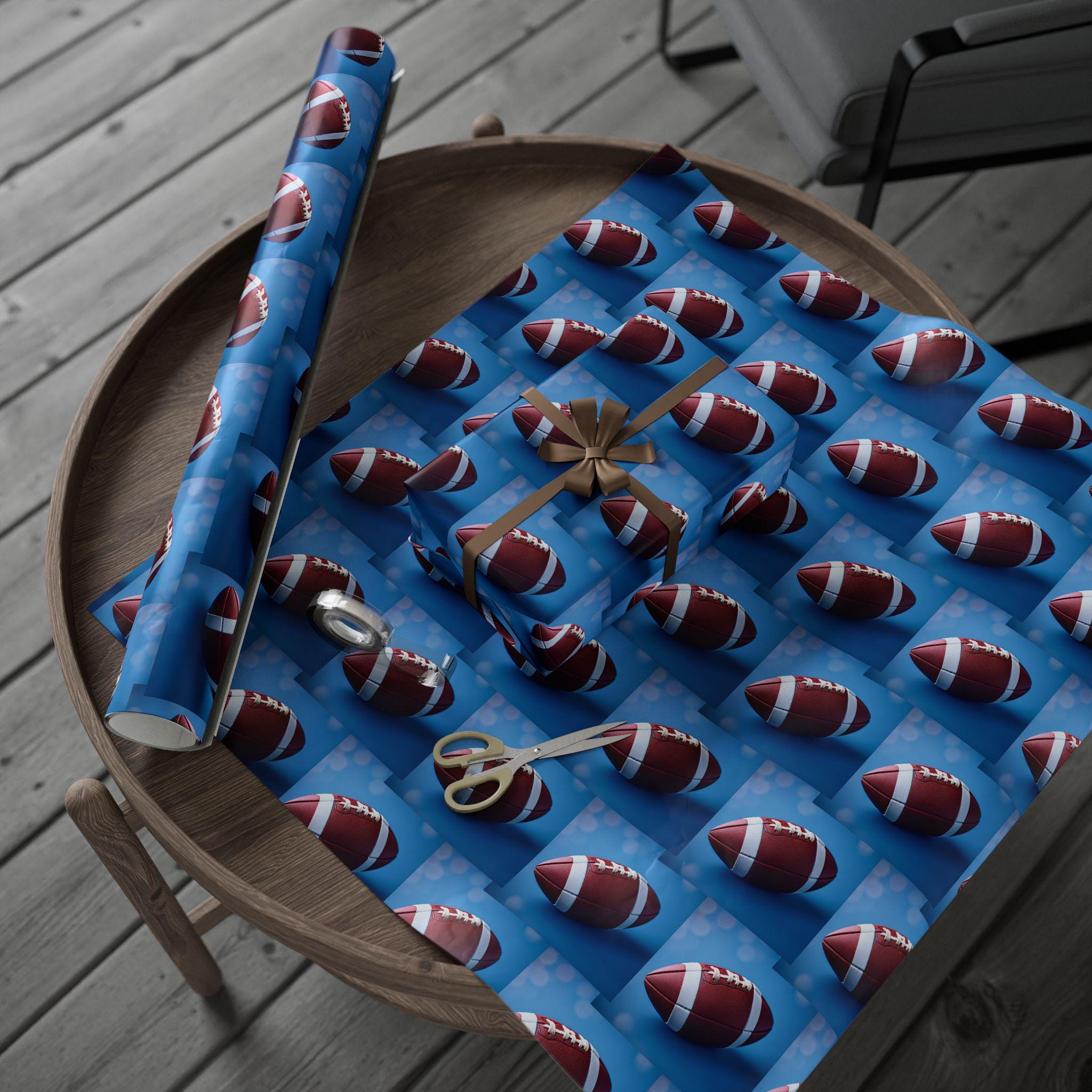 Football Themed Wrapping Paper, Blue Background Gift Wrap, Sports Fan ...
