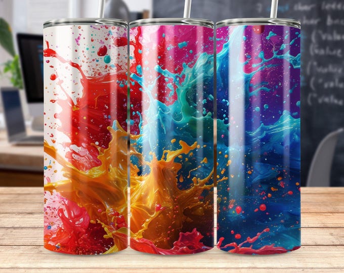 Color Splash Abstract Art Tumbler, Vibrant Paint Splash Design, Rainbow ...