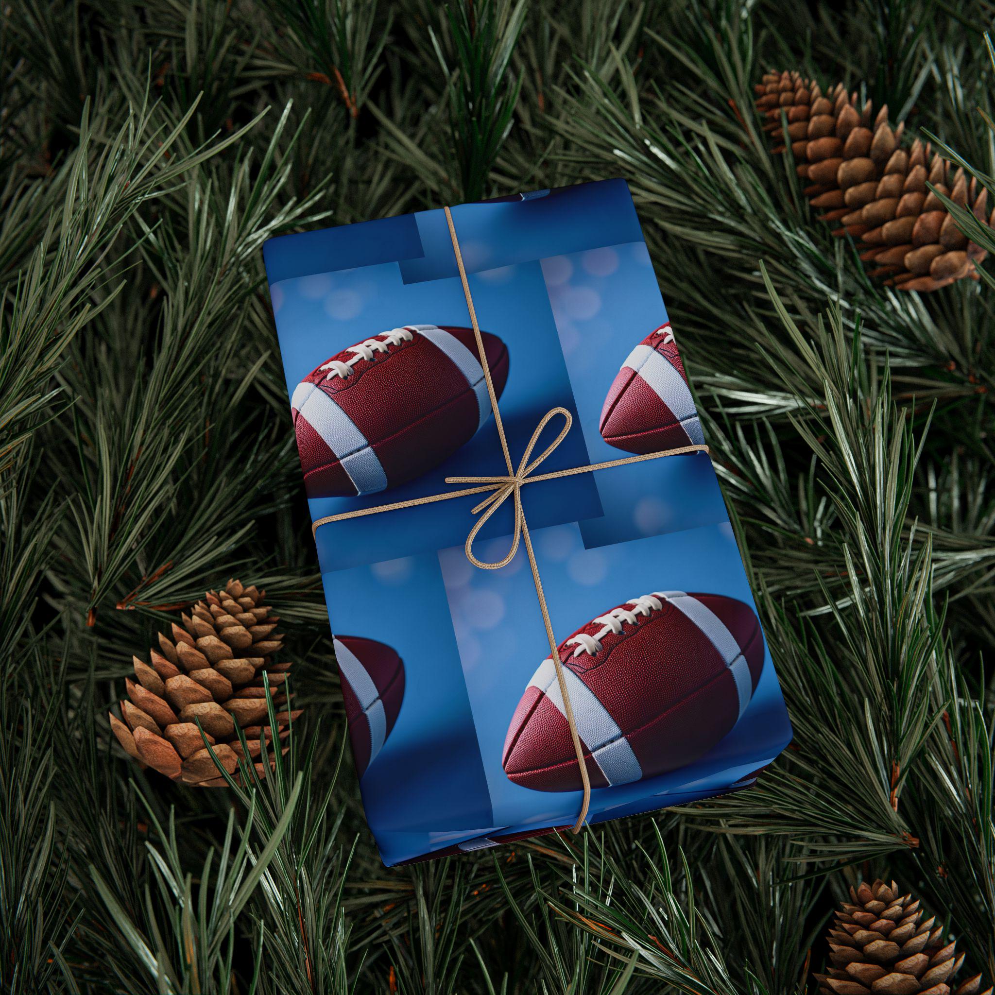 Football Themed Wrapping Paper, Blue Background Gift Wrap, Sports Fan ...