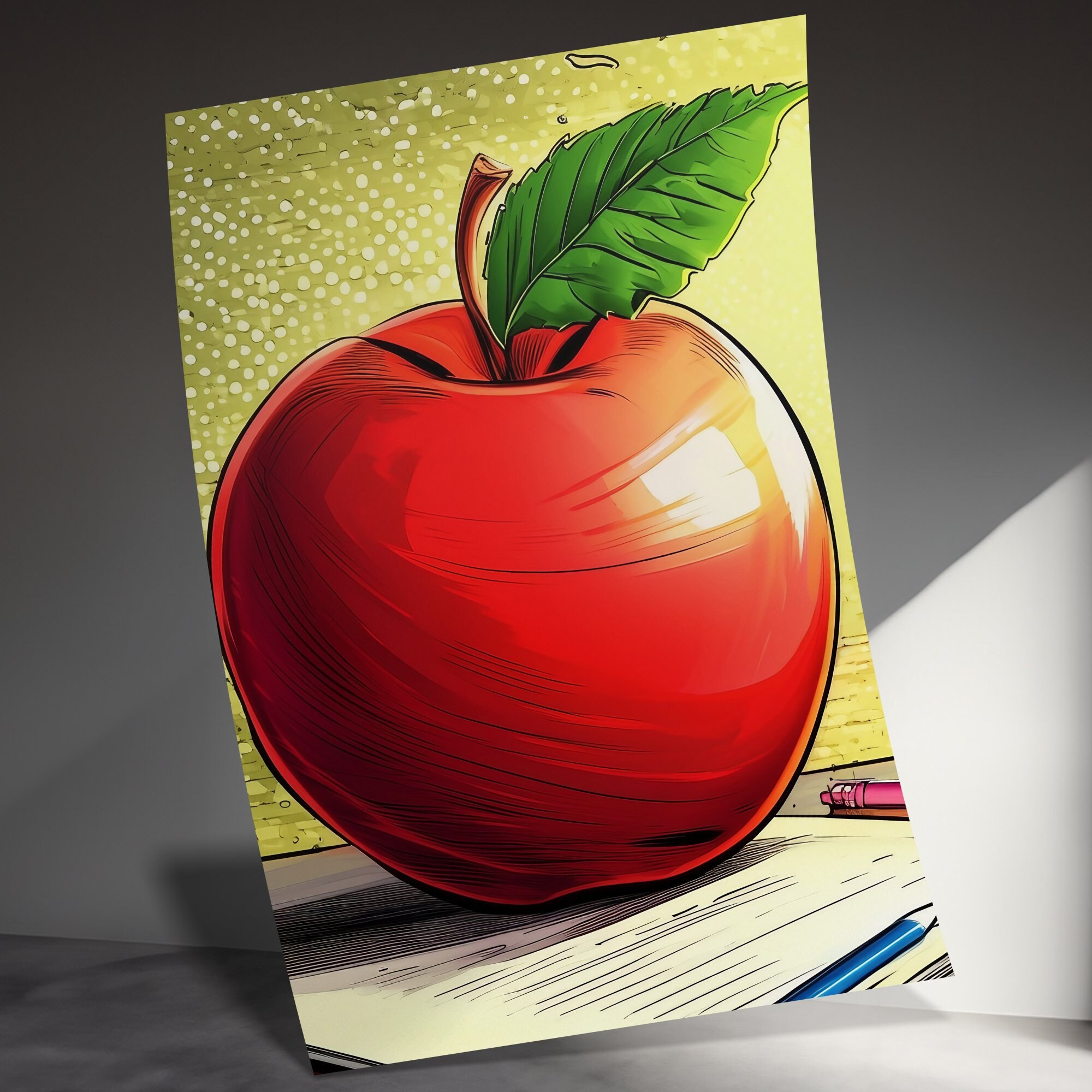 Bright Red Apple With Green Leaf Poster, Vintage Style Apple Art Print ...