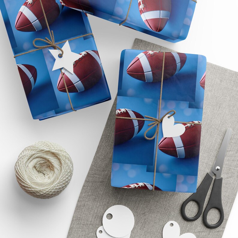 Football Themed Wrapping Paper, Blue Background Gift Wrap, Sports Fan ...