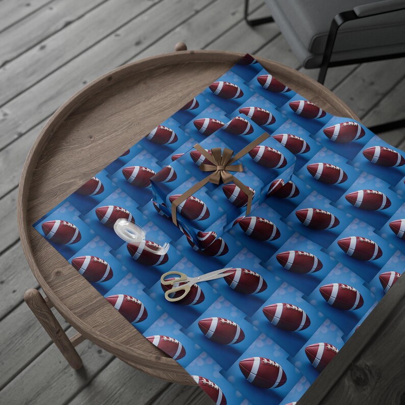 Football Themed Wrapping Paper, Blue Background Gift Wrap, Sports Fan ...