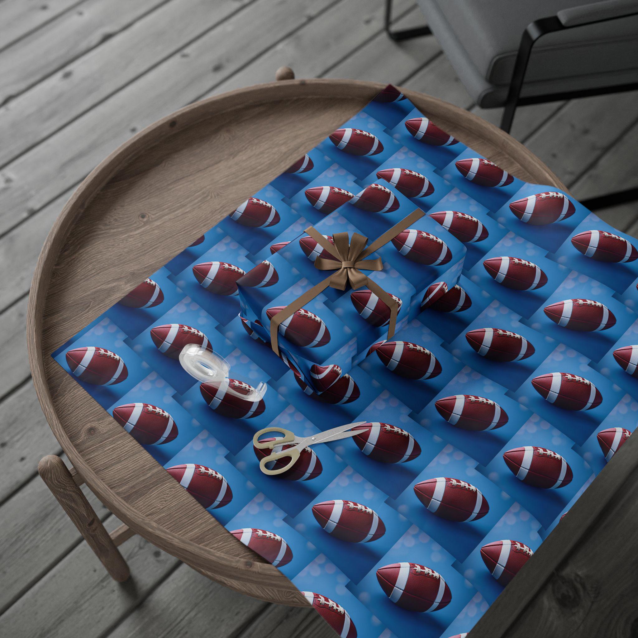 Football Themed Wrapping Paper, Blue Background Gift Wrap, Sports Fan ...