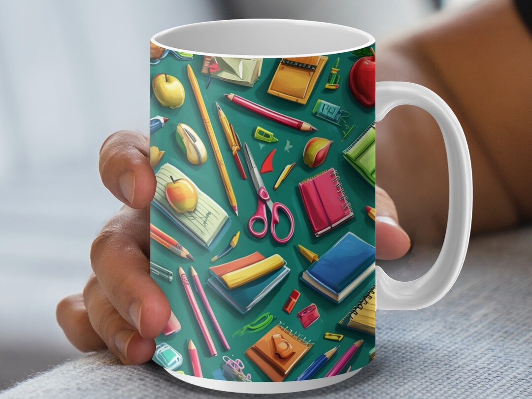 Back to School Mug Design, Colorful School Supplies Pattern Mug ...