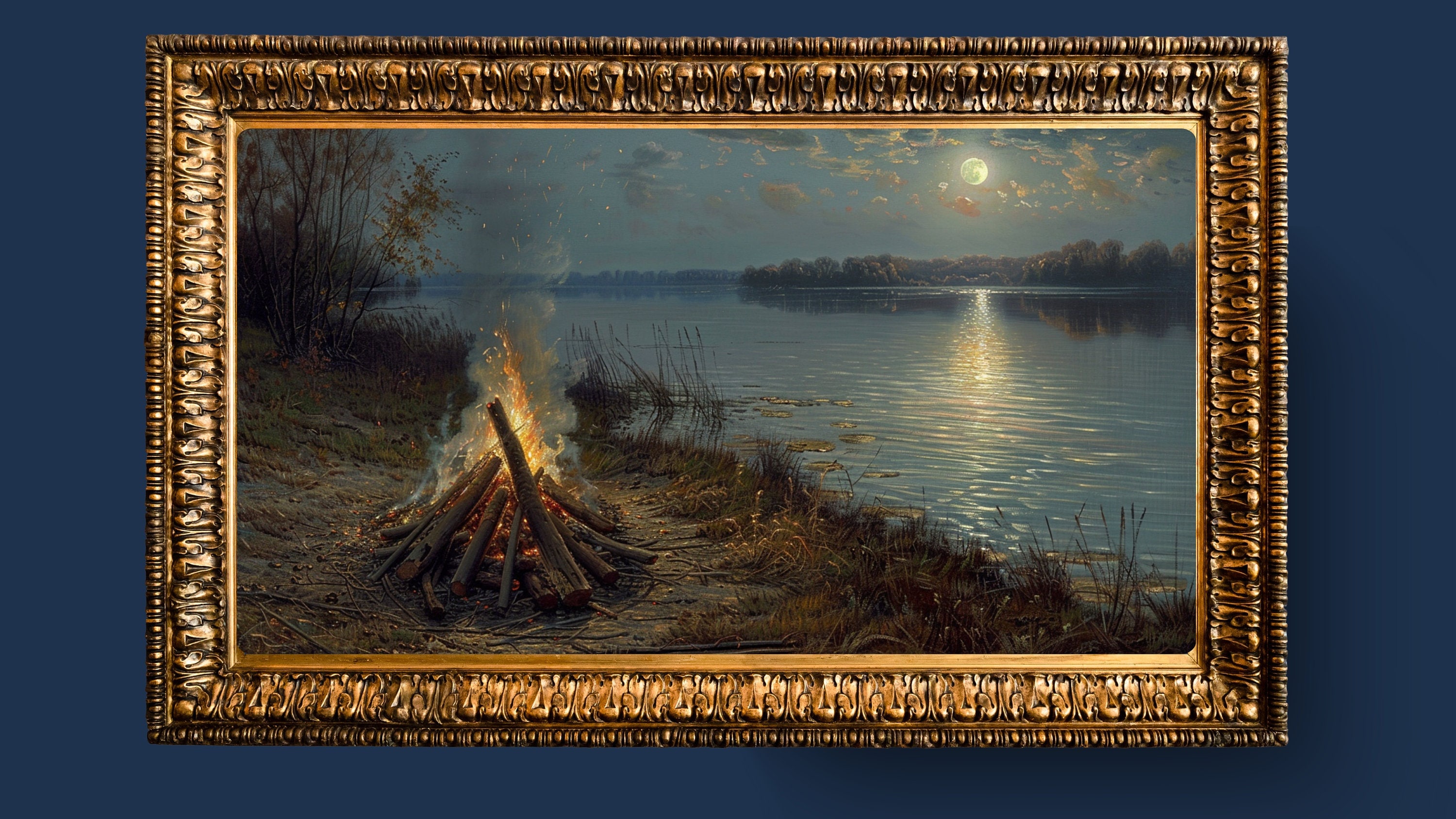 Lakeside Bonfire Under a Full Moon, Subdued Colors, Digital Download ...