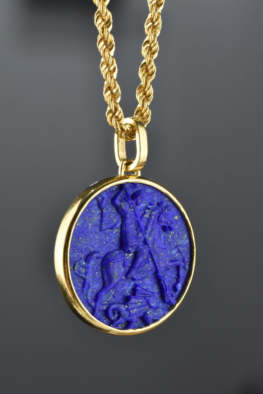14K Gold Saint George Lapis Lazuli Necklace, Sovereign Intaglio Pendant ...
