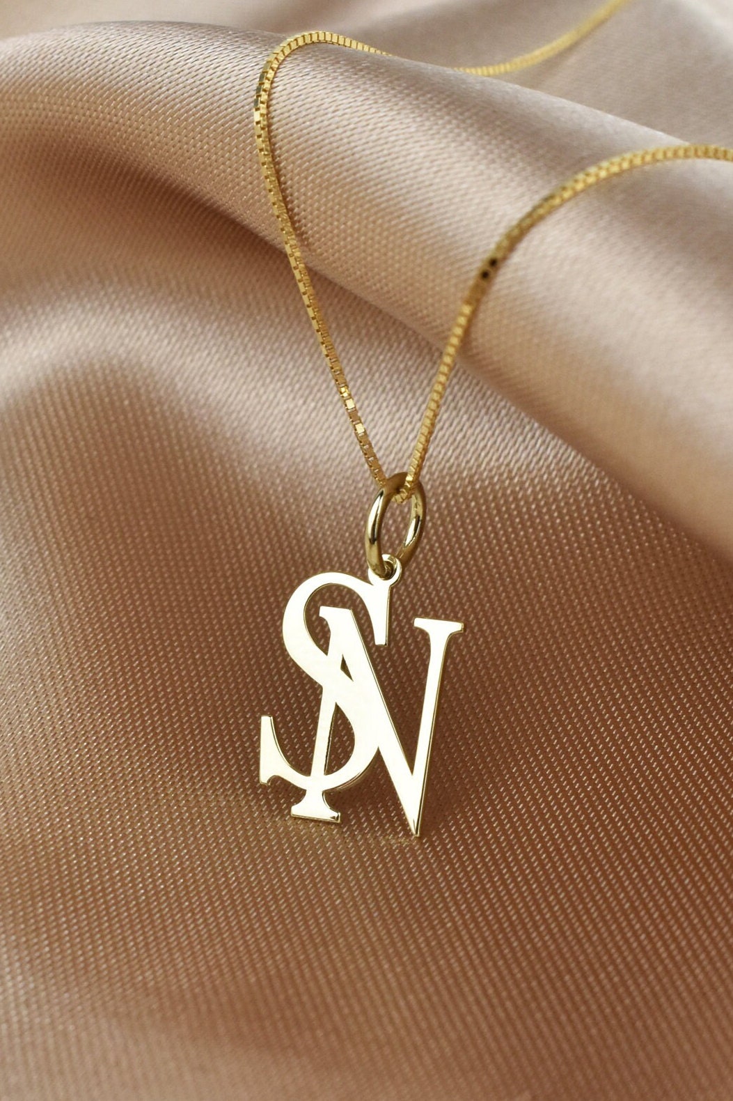 14K Solid Gold Double Initial Necklace for Women, Personalized Two ...