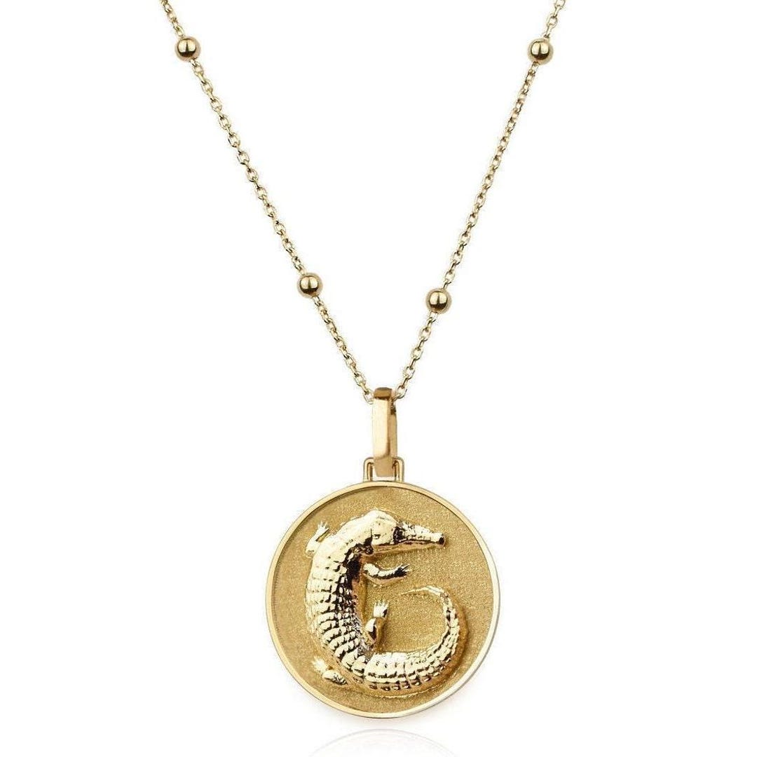14K Gold Alligator Necklace, Personalized Crocodile Disc Necklace, Gold ...