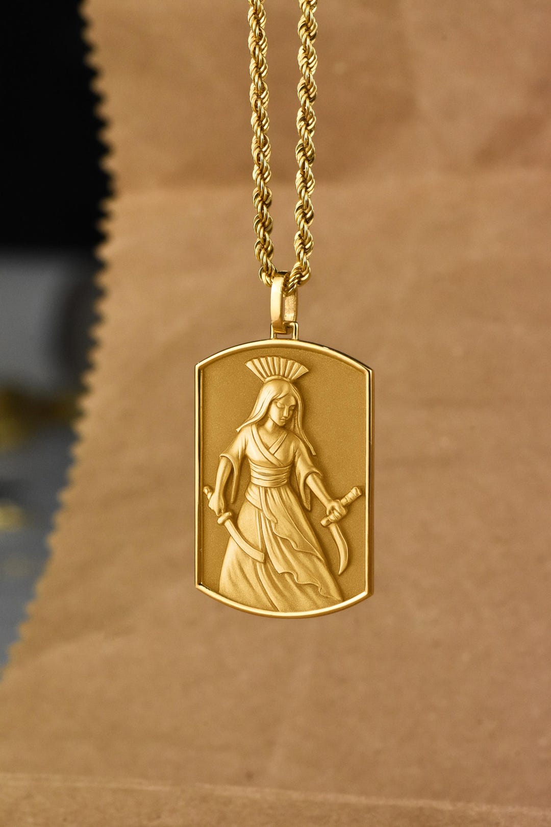 14K Gold Izanami Dog Tag Necklace, Custom Shinto Pendant, Rope Chain ...