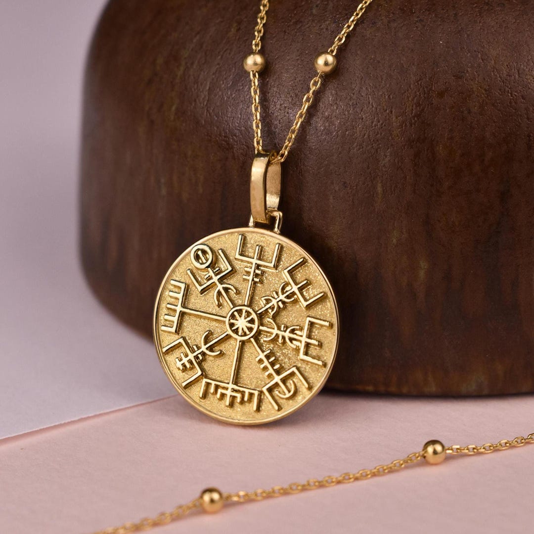 14K Gold Vegvisir Compass Necklace, Viking Amulet, Norse Medallion ...