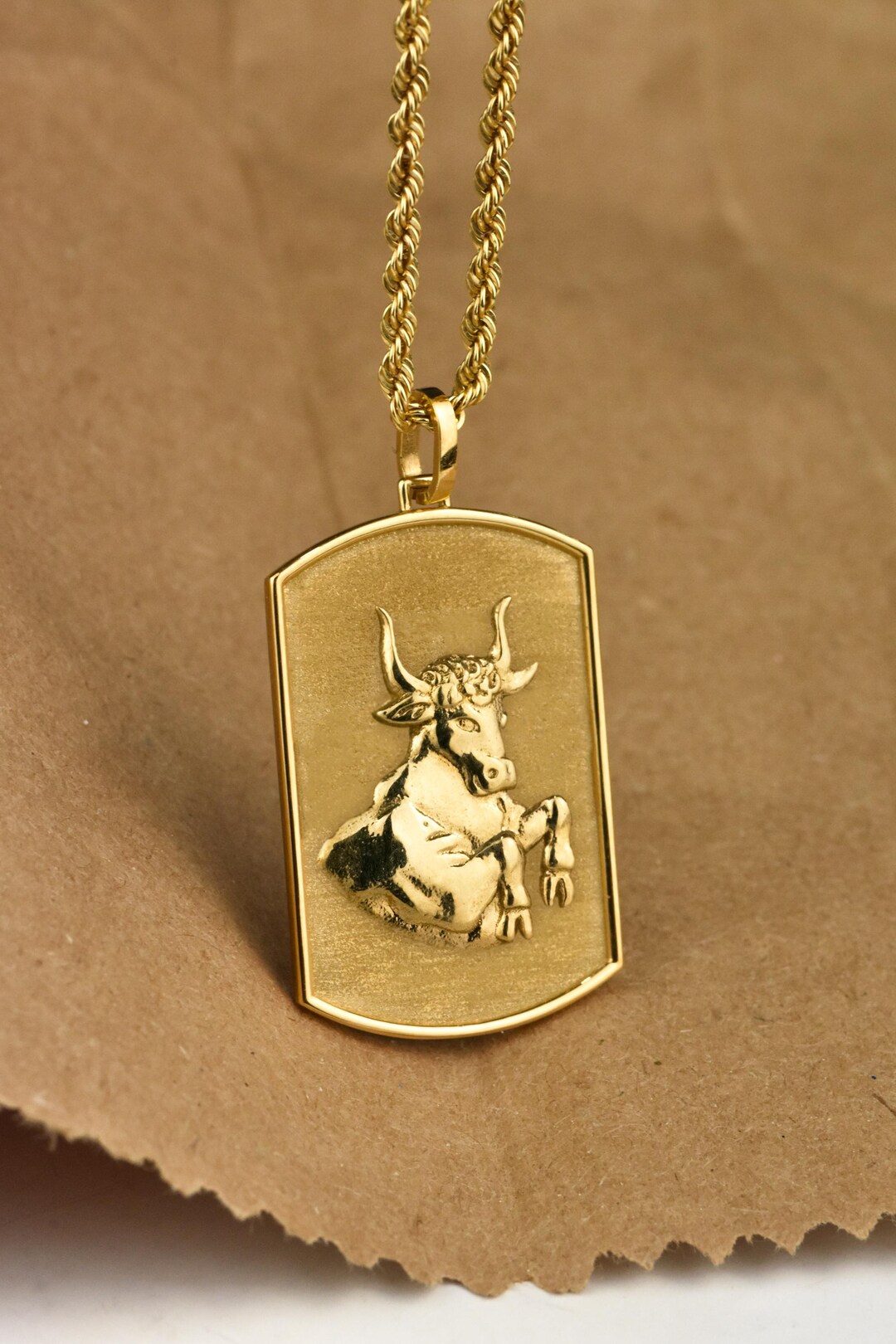 14K Gold Taurus Dog Tag Necklace, Zodiac Taurus Pendant Jewelry, Rope ...