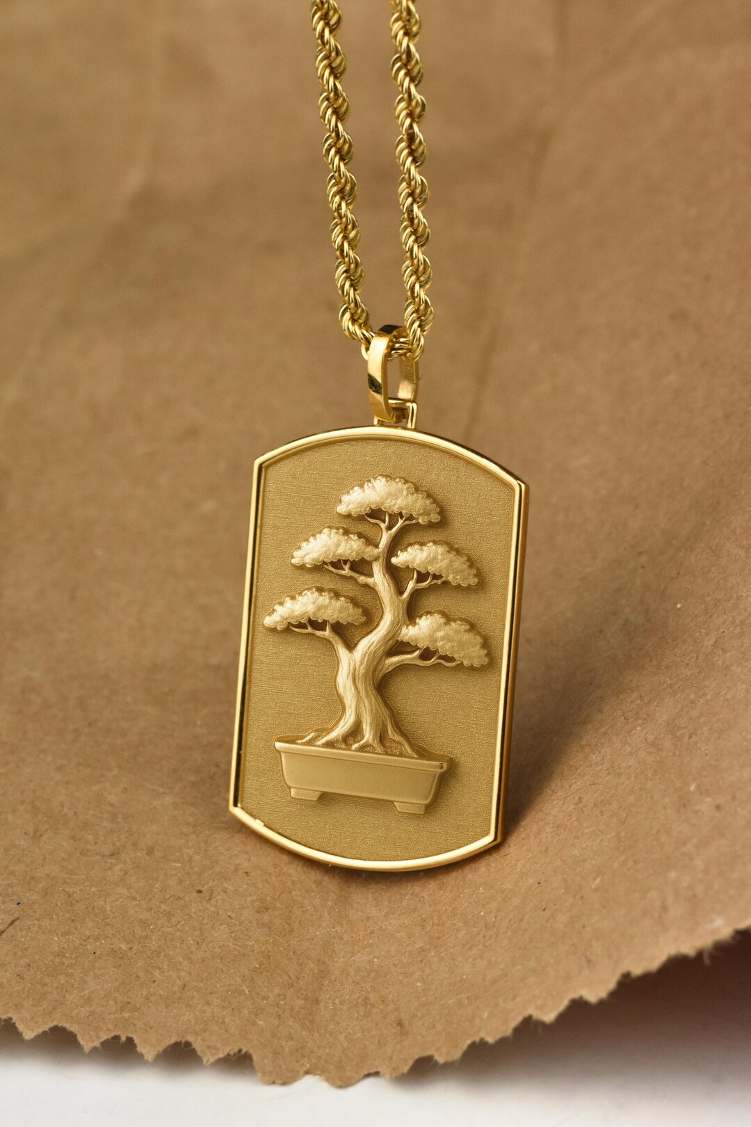 14K Gold Bonsai Tree Dog Tag Necklace, Miniature Tree Charm, Engraved ...