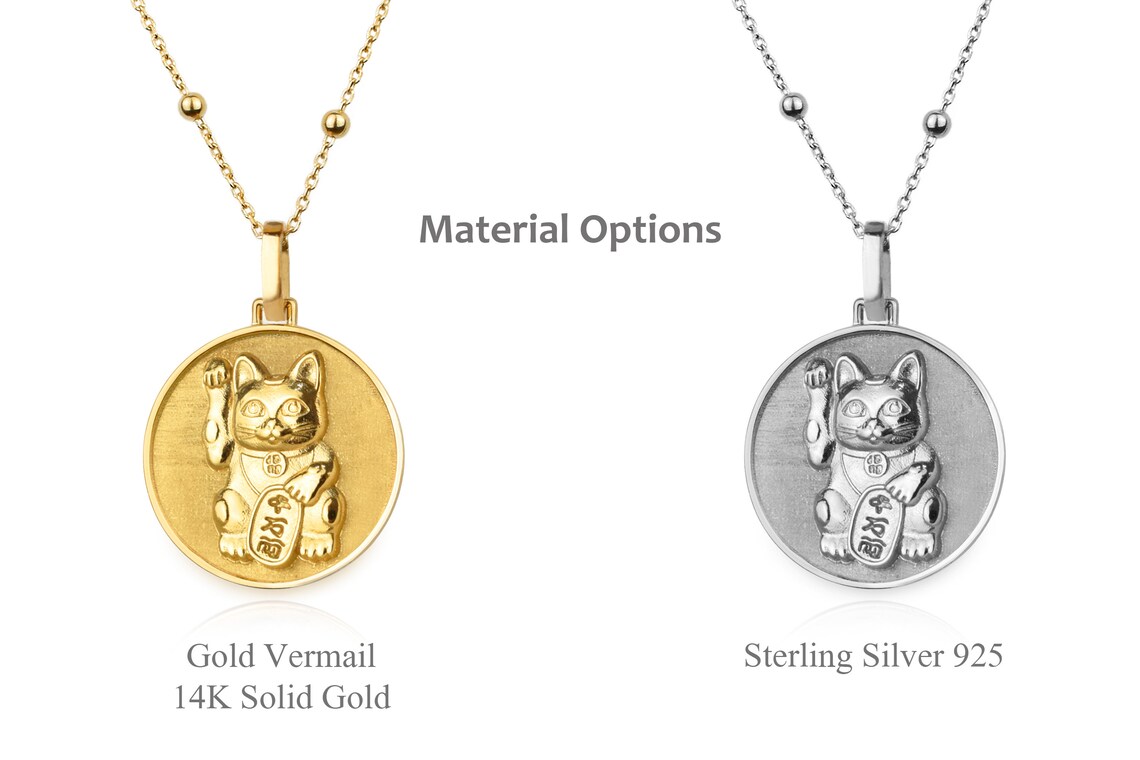 14K Real Solid Gold Maneki Neko Necklace, Waving Cat Jewelry, Lucky Cat ...