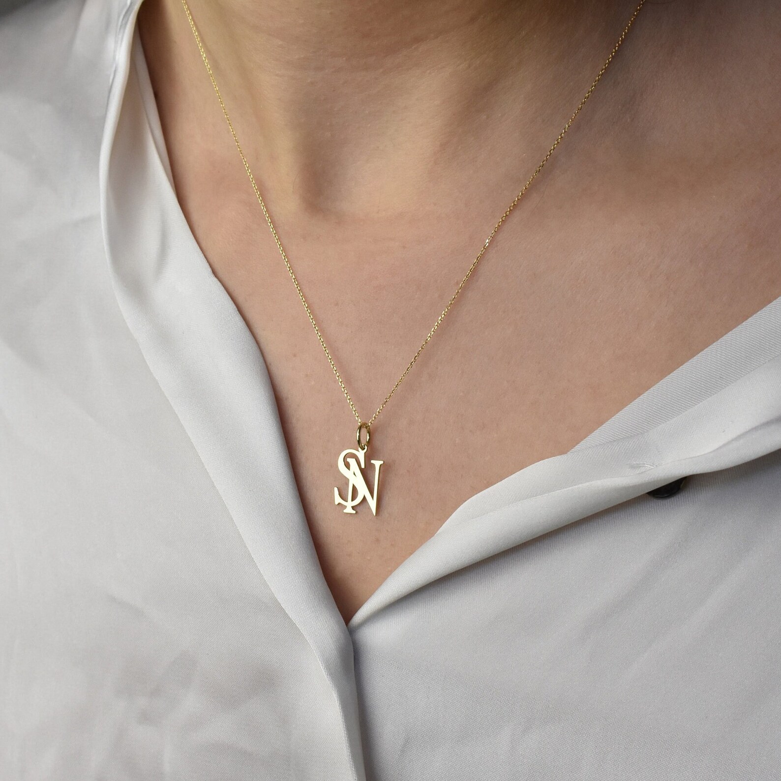 14K Solid Gold Double Initial Necklace for Women, Personalized Two ...