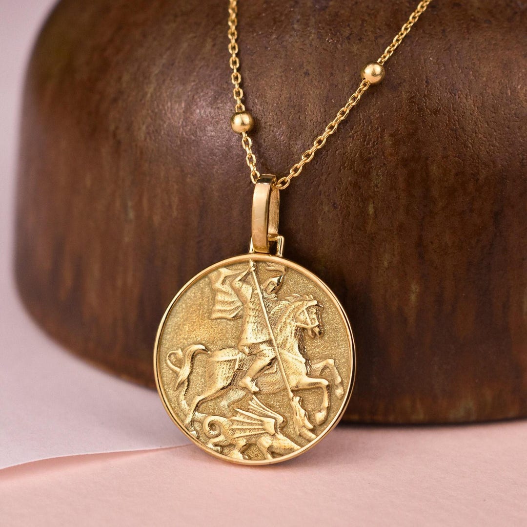 14K Solid Gold Saint George Necklace, Personalized Sovereign Pendant ...