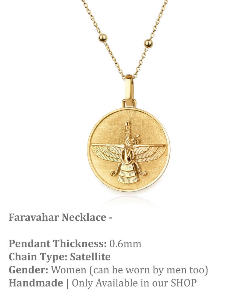 14K Gold Faravahar Necklace, Ancient Persian Pendant, Zoroastrianism ...