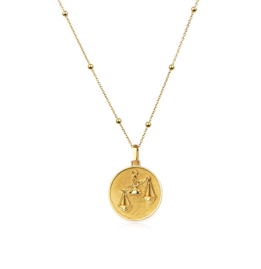 14K Solid Gold Libra Zodiac Sign Necklace for Women, 14K Satellite ...