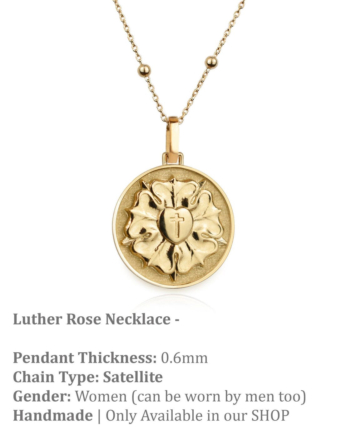 14K Gold Luther Rose Necklace, Lutheran Cross Pendant Medal, Martin ...
