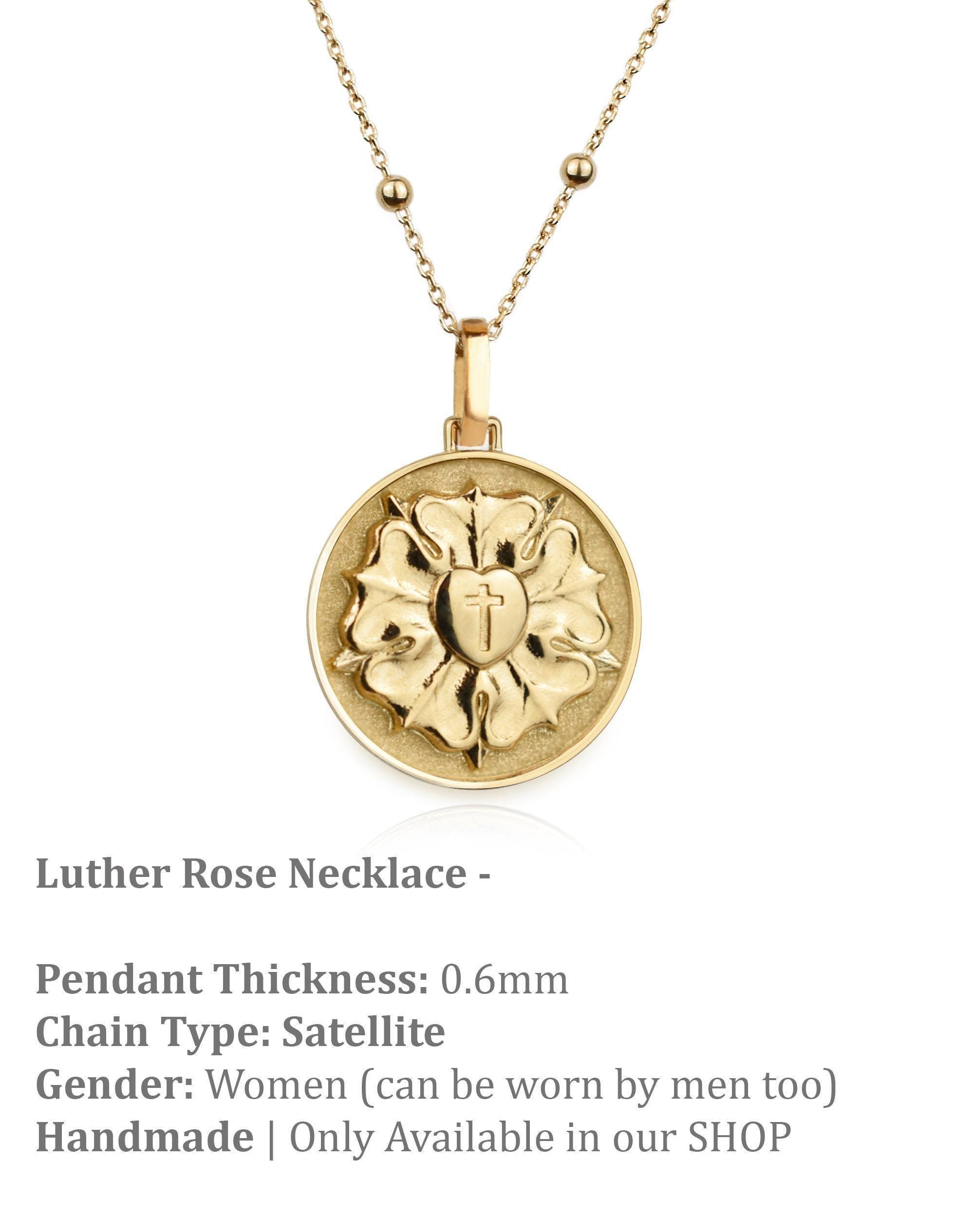 14K Gold Luther Rose Necklace, Lutheran Cross Pendant Medal, Martin ...