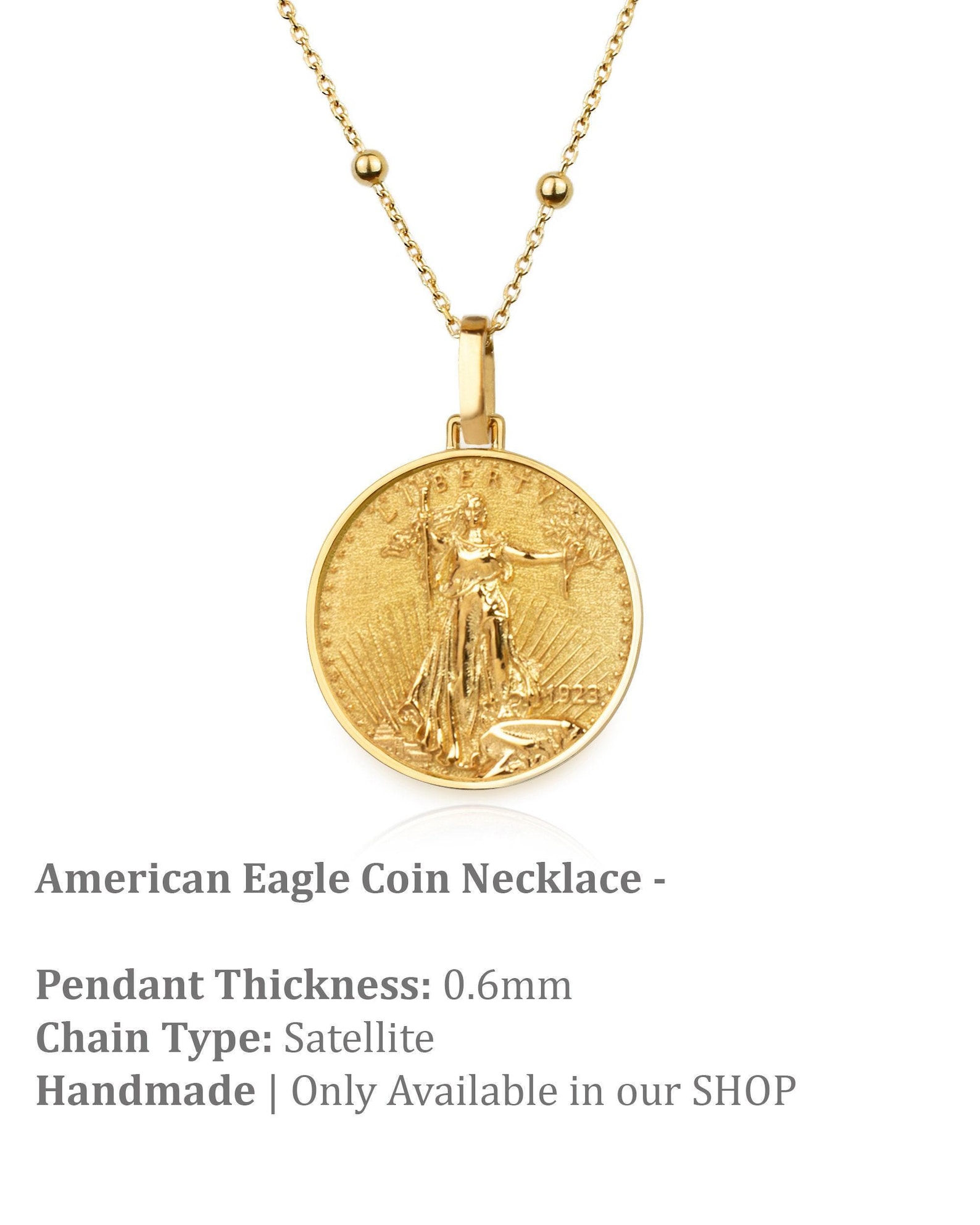 14K Real Solid Gold American Eagle Coin Necklace, Walking Liberty Coin ...