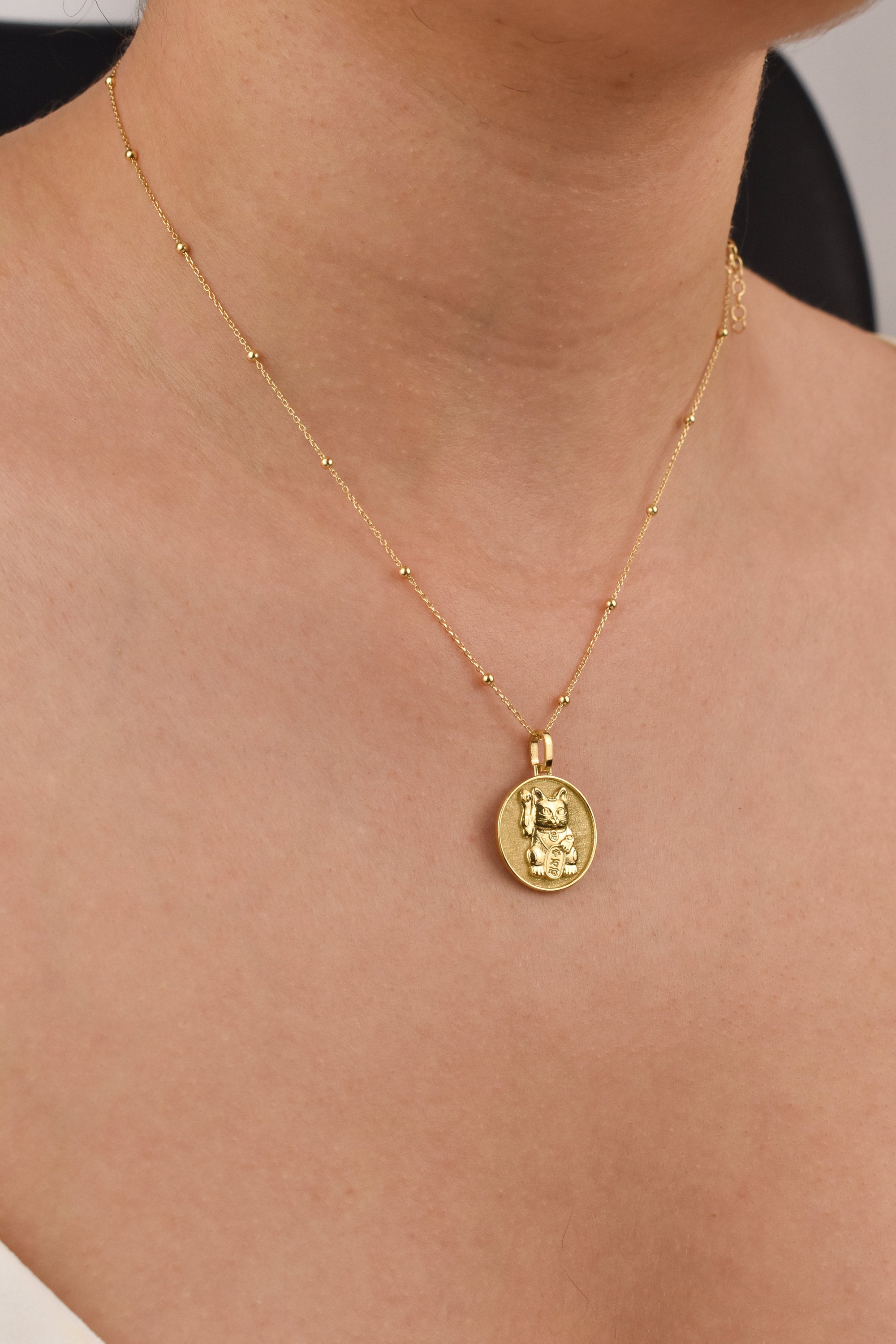 14K Real Solid Gold Maneki Neko Necklace, Waving Cat Jewelry, Lucky Cat ...