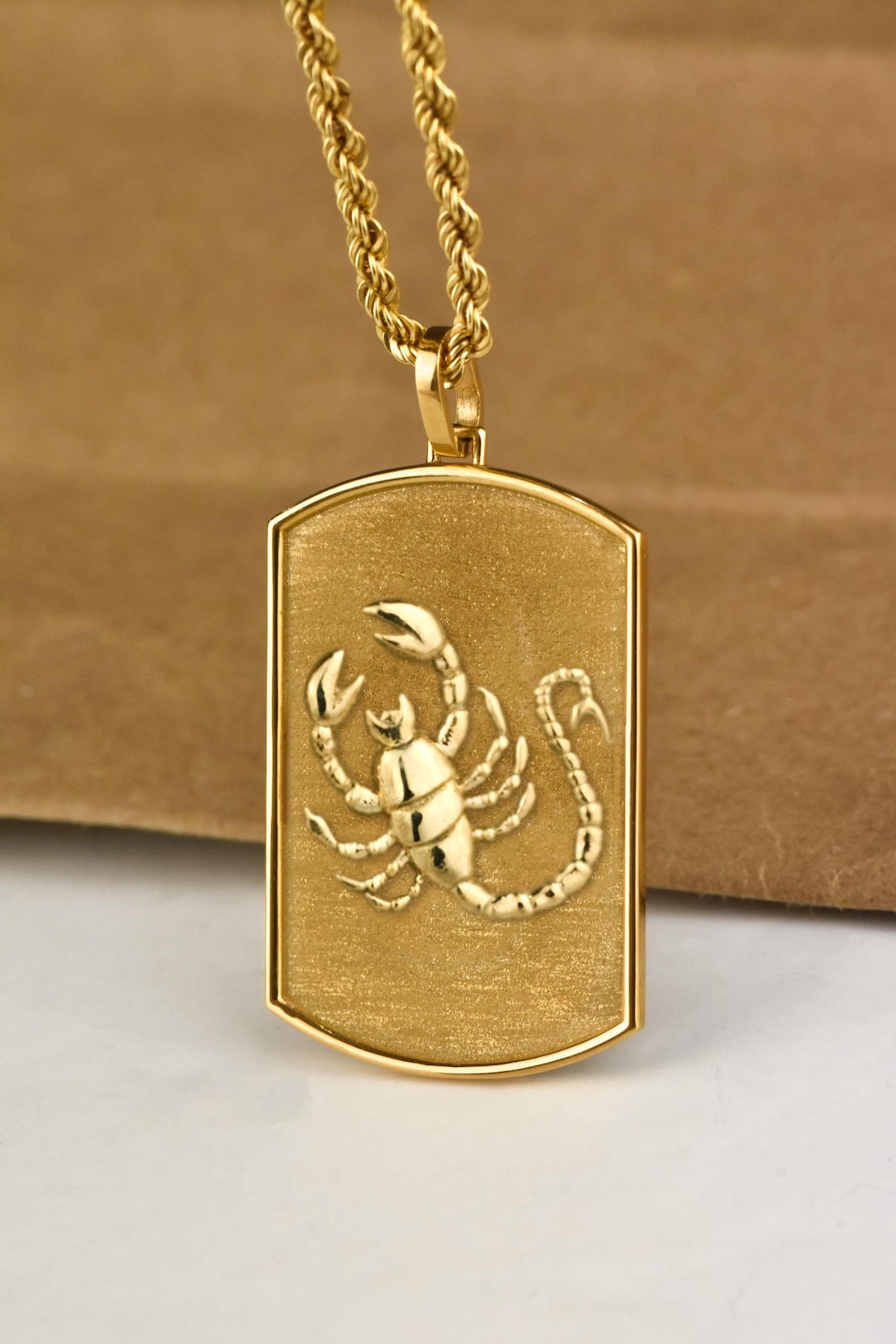 14K Gold Scorpio Dog Tag Necklace, Scorpio Zodiac Pendant Jewelry, Rope ...